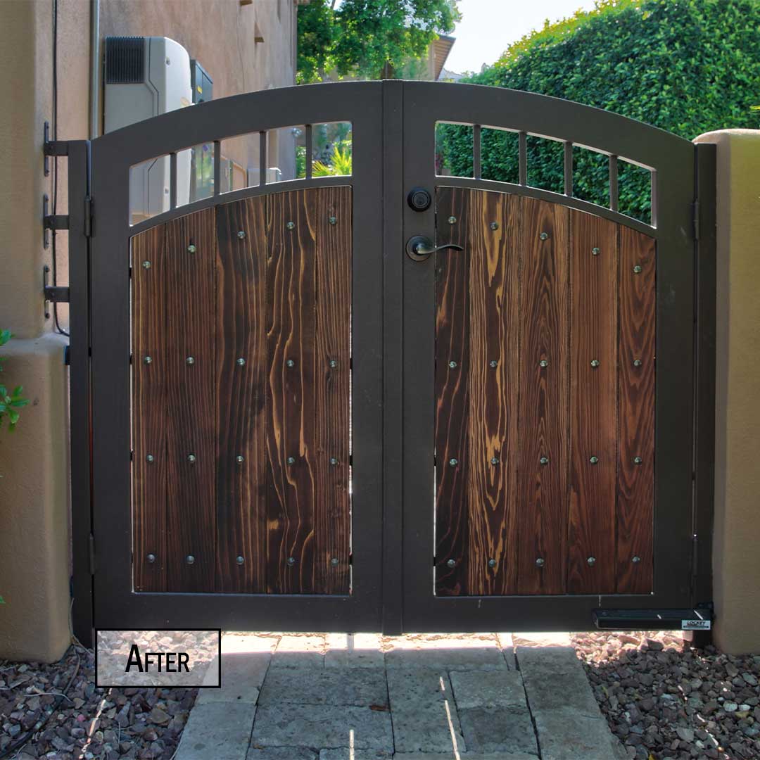 Redwood Iron & Wood Gate - First Impression Ironworks